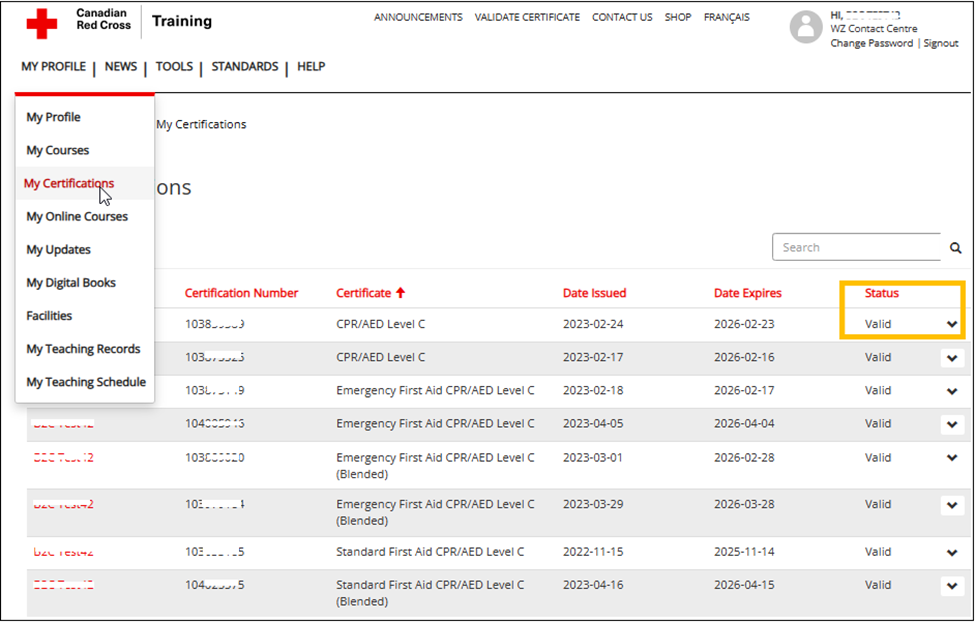 Confirm the Status of my Certifications – Canadian Red Cross